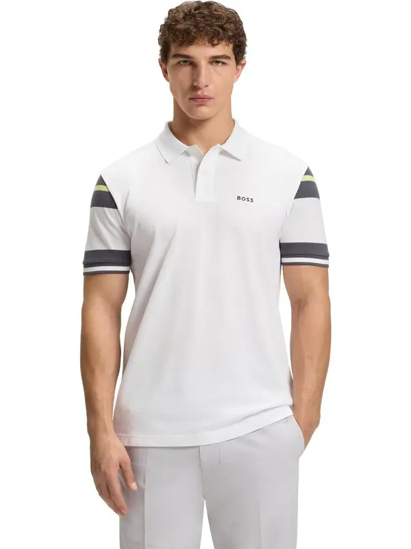 BOSS Block-stripe Polo Shirt In Cotton Piqu - White