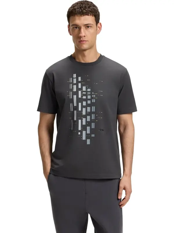 BOSS Geometric-print T-shirt In Stretch Cotton - Dark Grey
