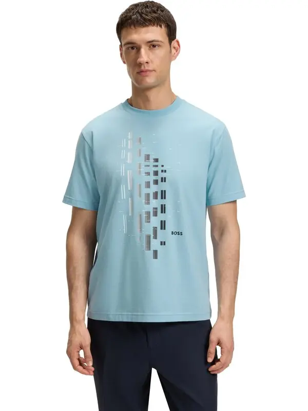 BOSS Geometric-print T-shirt In Stretch Cotton - Light Blue