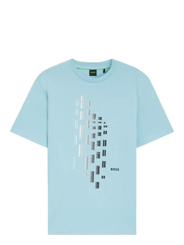 BOSS Geometric-print T-shirt In Stretch Cotton - Light Blue