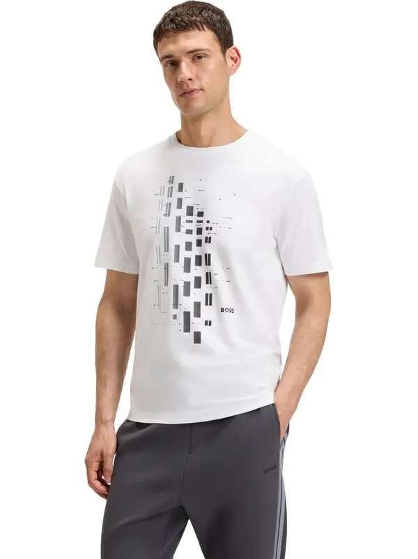 BOSS Geometric-print T-shirt In Stretch Cotton - White