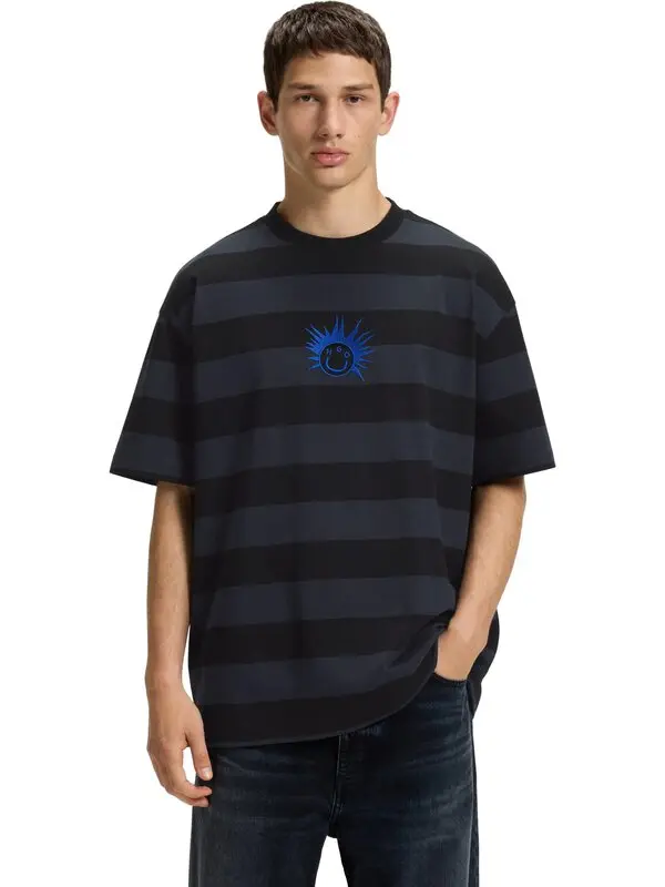 Hugo Striped-cotton T-shirt With Happy Logo - Black