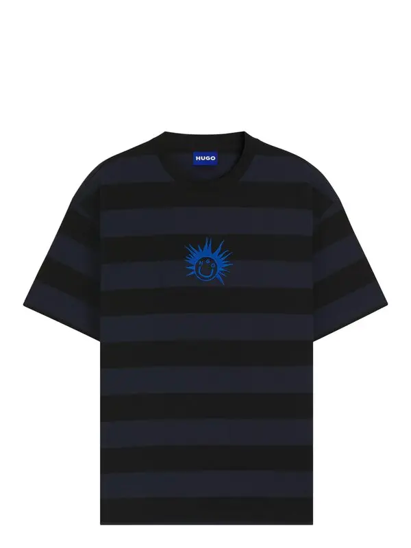 Hugo Striped-cotton T-shirt With Happy Logo - Black
