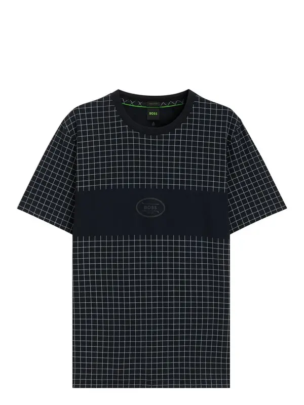 BOSS Check-print T-shirt In Pima Cotton - Dark Blue