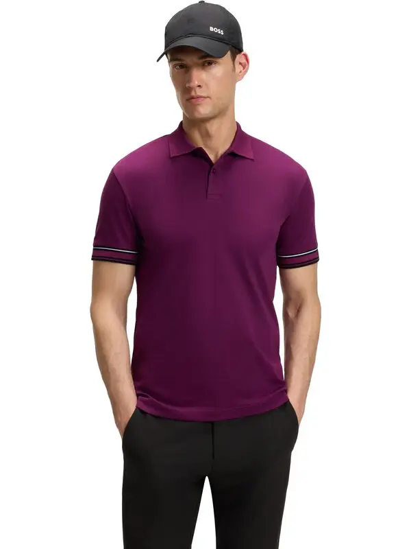 BOSS Stripe-cuff Polo Shirt In Interlock Cotton - Pink