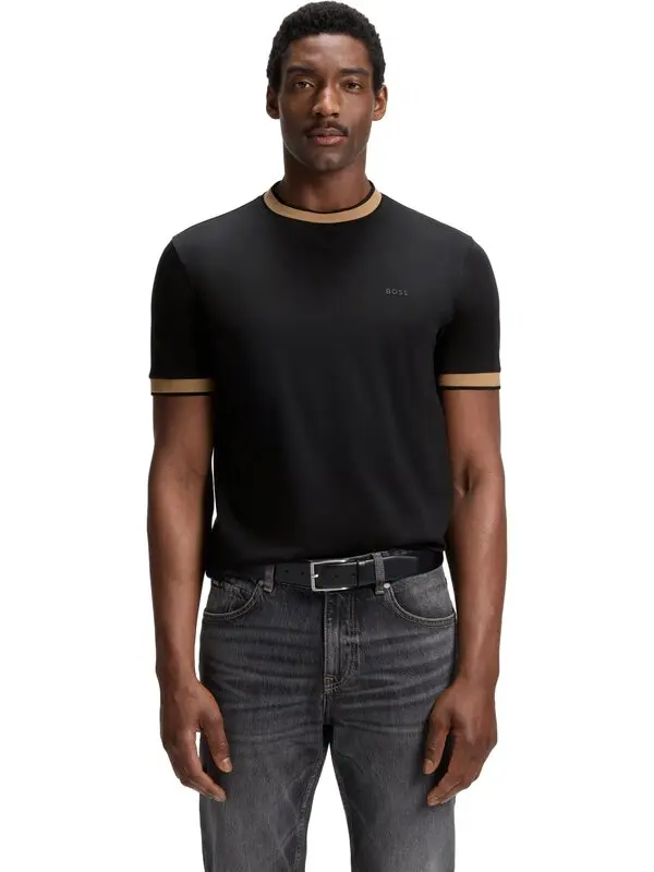 BOSS Mercerised-cotton Slim-fit T-shirt With Contrast Trims - Black