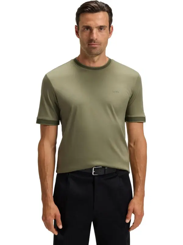 BOSS Mercerised-cotton Slim-fit T-shirt With Contrast Trims - Green