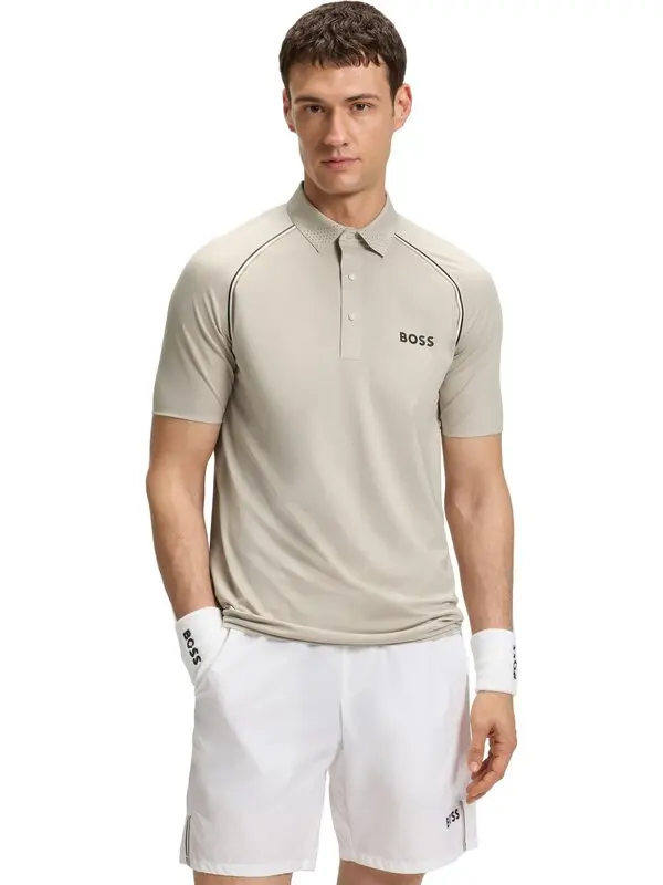 BOSS Active Signature-stripe Polo Shirt With Odour Control - Light Beige