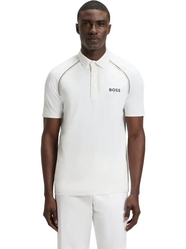 BOSS Active Signature-stripe Polo Shirt With Odour Control - White