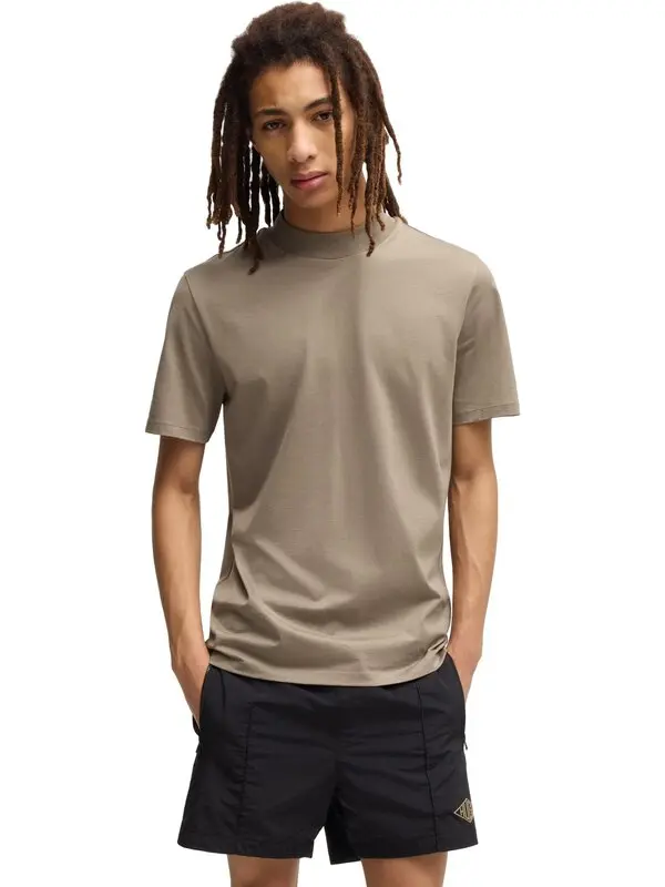 Hugo Stand-collar Slim-fit T-shirt In Stretch Cotton - Brown