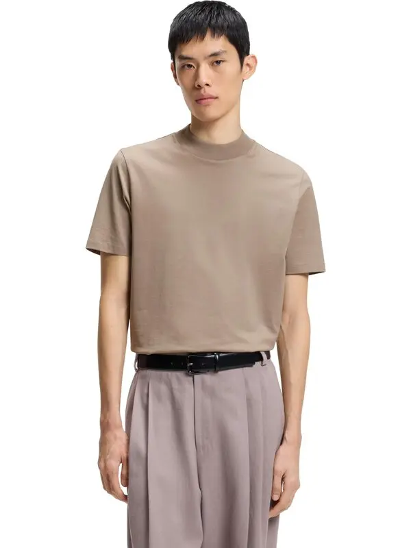 Hugo Stand-collar Slim-fit T-shirt In Stretch Cotton - Light Brown