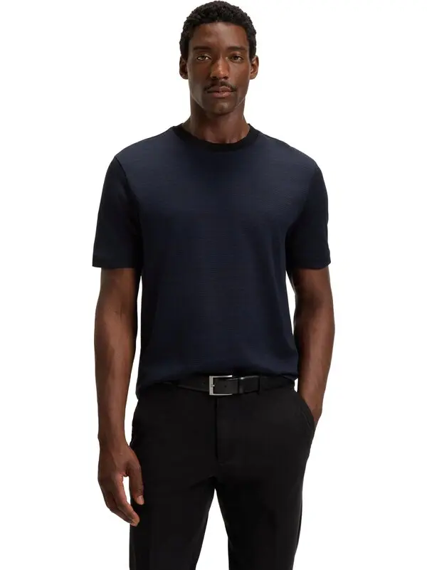 BOSS Grid-pattern T-shirt In Mercerised Cotton - Dark Blue