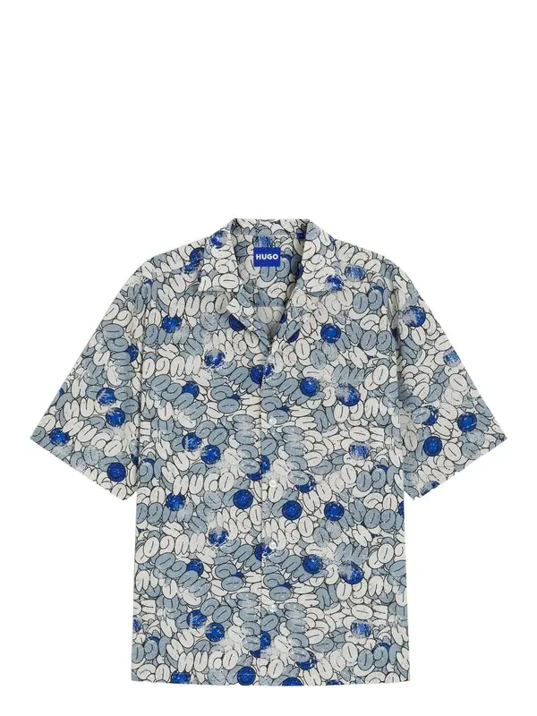 Hugo Printed Relaxed-fit Shirt In Cotton Poplin - Light Blue