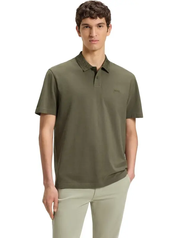 BOSS Patterned-collar Polo Shirt In Cotton Piqu - Light Green