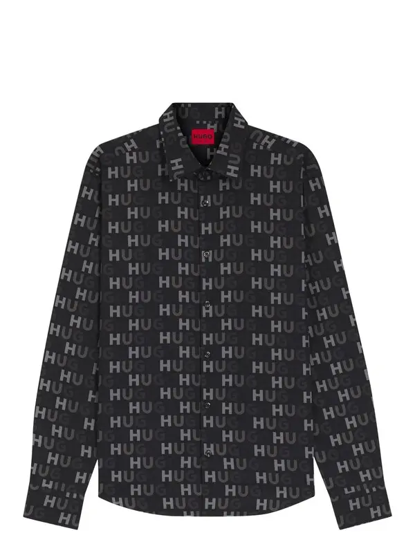 Hugo Printed Slim-fit Shirt In Cotton Poplin - Black
