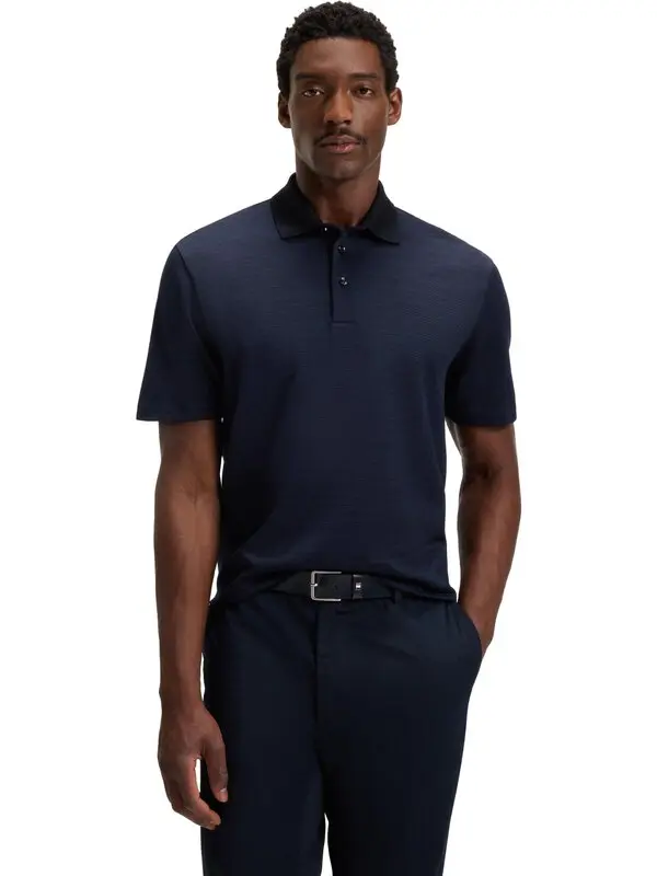 BOSS Grid-pattern Polo Shirt In Mercerised Cotton - Dark Blue
