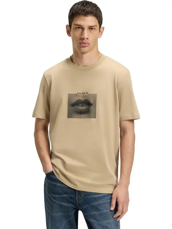 Hugo Lip-artwork T-shirt In Cotton Jersey - Beige