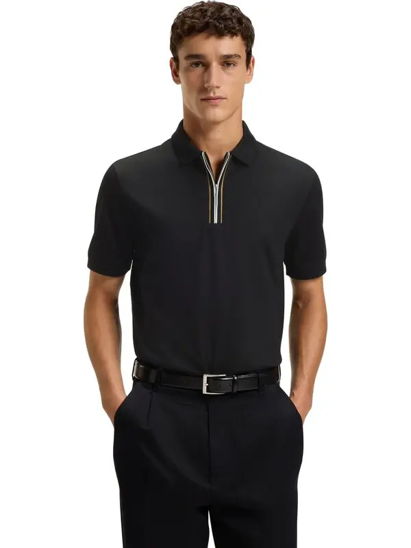 BOSS Zip-placket Polo Shirt In Mercerised Cotton - Black
