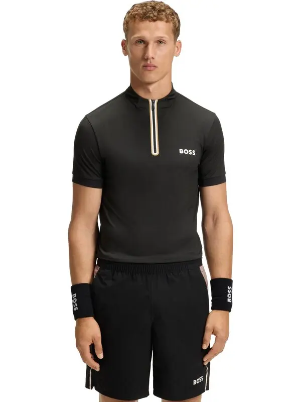 BOSS Stretch-mesh Slim-fit Polo Shirt With Zip Neck - Black