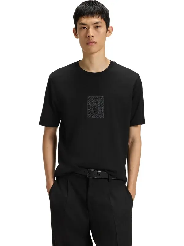 Hugo Embroidered-artwork T-shirt In Cotton Jersey - Black
