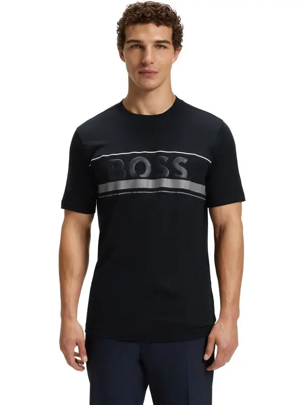 BOSS Cotton-jersey T-shirt With Logo And Stripe - Dark Blue