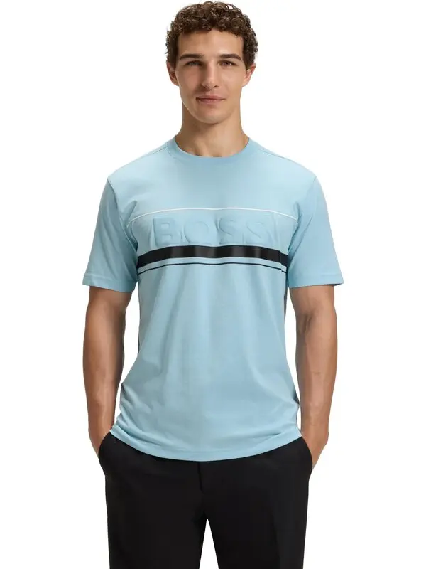 BOSS Cotton-jersey T-shirt With Logo And Stripe - Light Blue