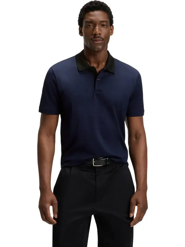 BOSS Geometric-jacquard Polo Shirt In Mercerised Cotton - Dark Blue