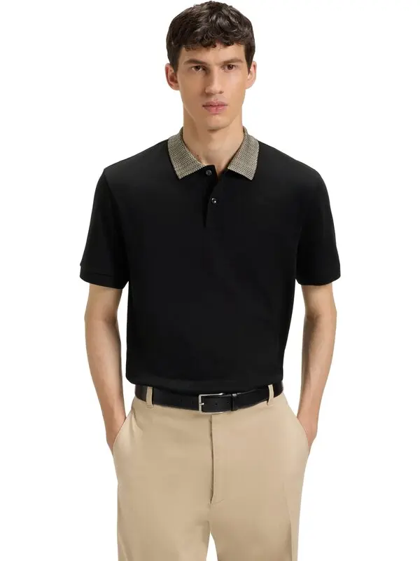 BOSS Patterned-collar Polo Shirt In Pima Cotton - Black