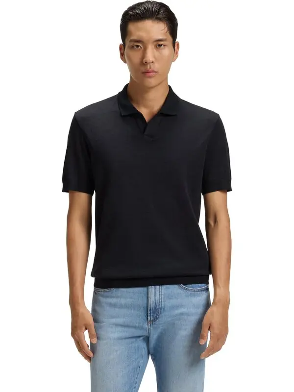 BOSS Cotton-silk Polo Shirt With Johnny Collar - Dark Blue