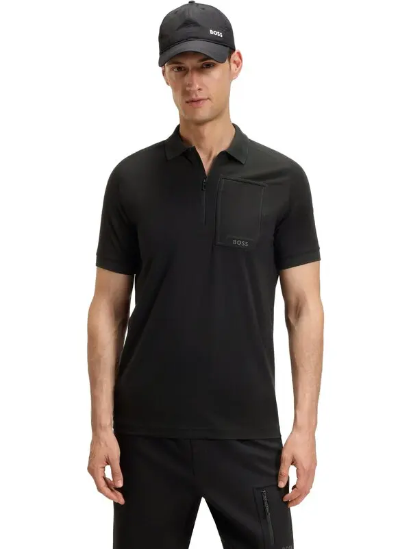 BOSS Zip-neck Polo Shirt In Moisture-wicking Fabric - Black