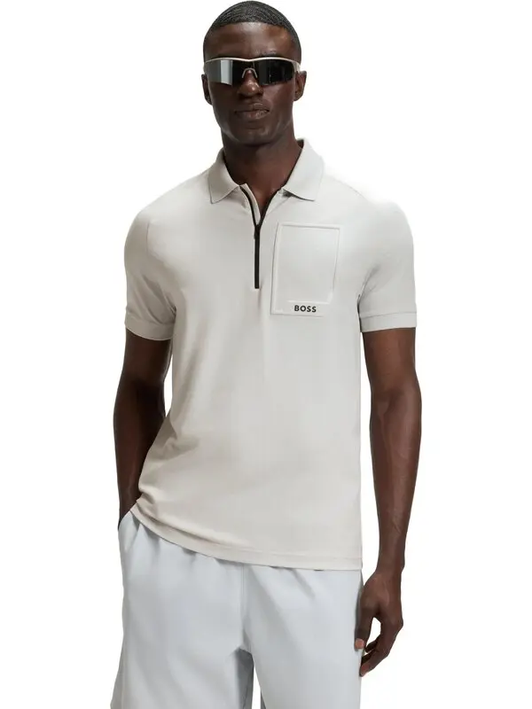 BOSS Zip-neck Polo Shirt In Moisture-wicking Fabric - Light Grey