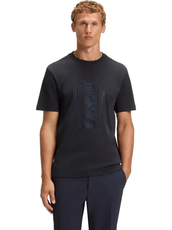 BOSS Interlock-cotton T-shirt With Mesh-print Artwork - Dark Blue