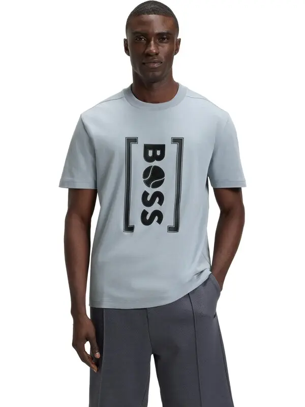 BOSS Interlock-cotton T-shirt With Mesh-print Artwork - Dark Grey