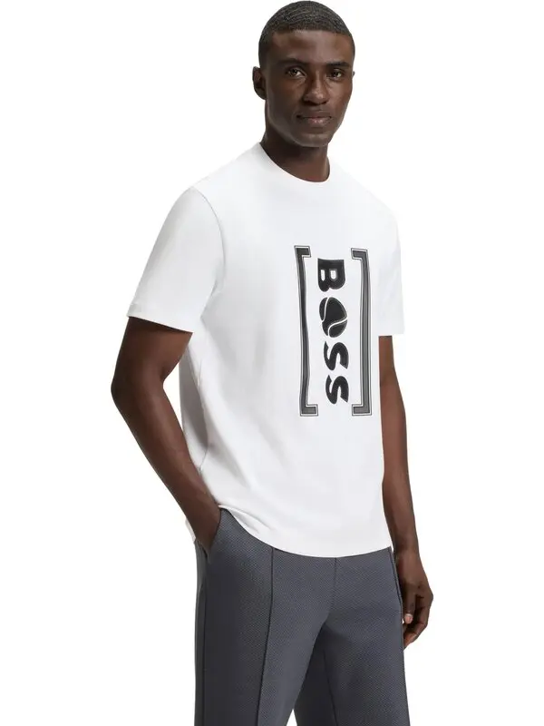 BOSS Interlock-cotton T-shirt With Mesh-print Artwork - White