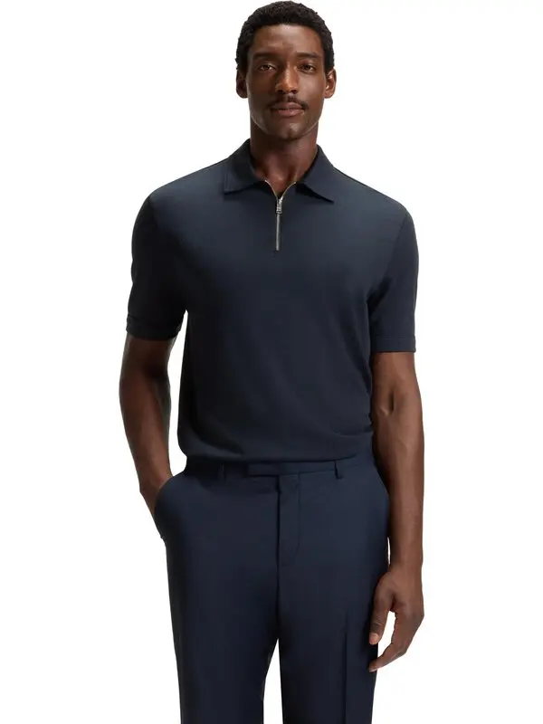 BOSS Piqué Polo Shirt With Zip Neck - Dark Blue