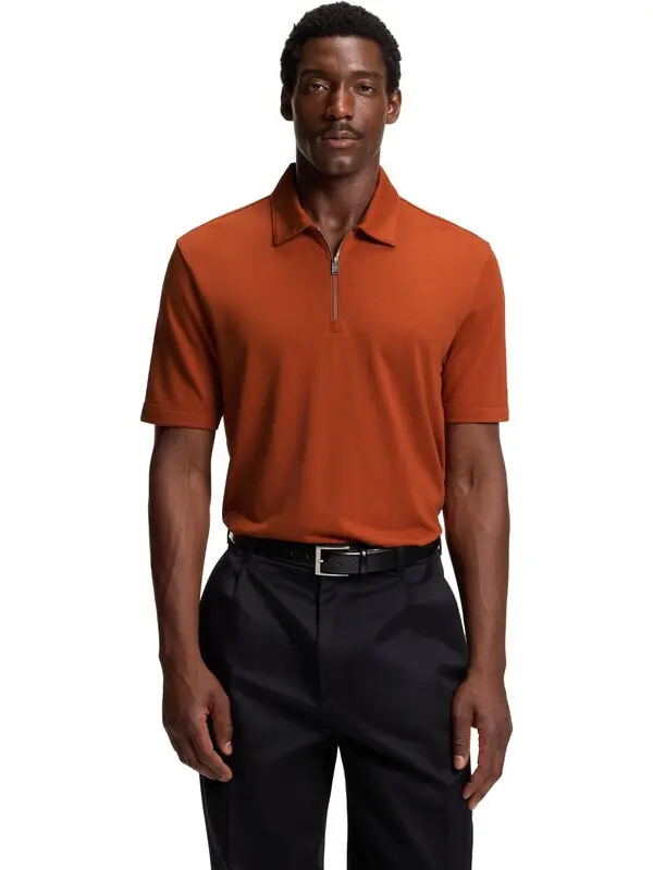 BOSS Piqué Polo Shirt With Zip Neck - Dark Orange