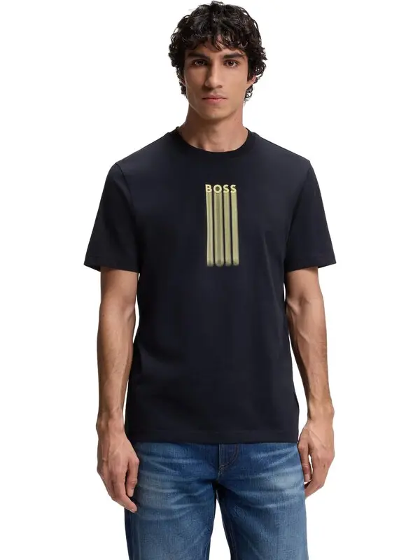BOSS Logo-artwork T-shirt In Cotton Jersey - Dark Blue