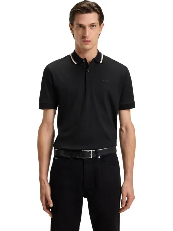 BOSS Striped-collar Slim-fit Polo Shirt In Cotton With Logo - Black