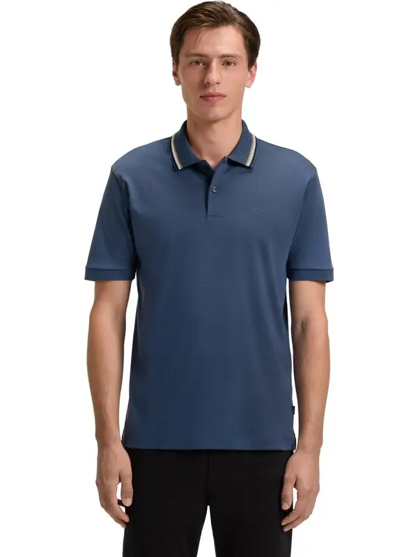 BOSS Striped-collar Slim-fit Polo Shirt In Cotton With Logo - Blue