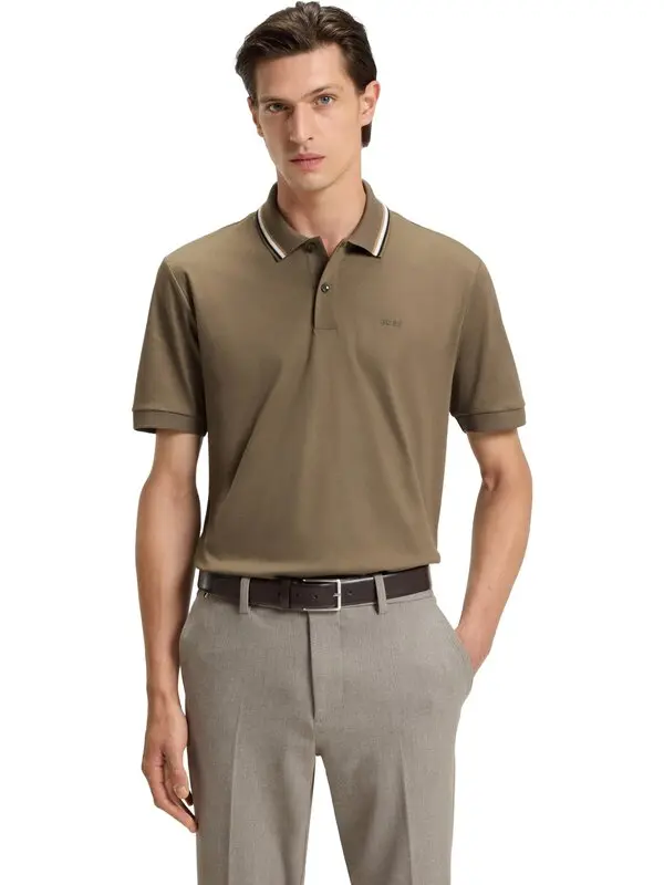 BOSS Striped-collar Slim-fit Polo Shirt In Cotton With Logo - Light Brown
