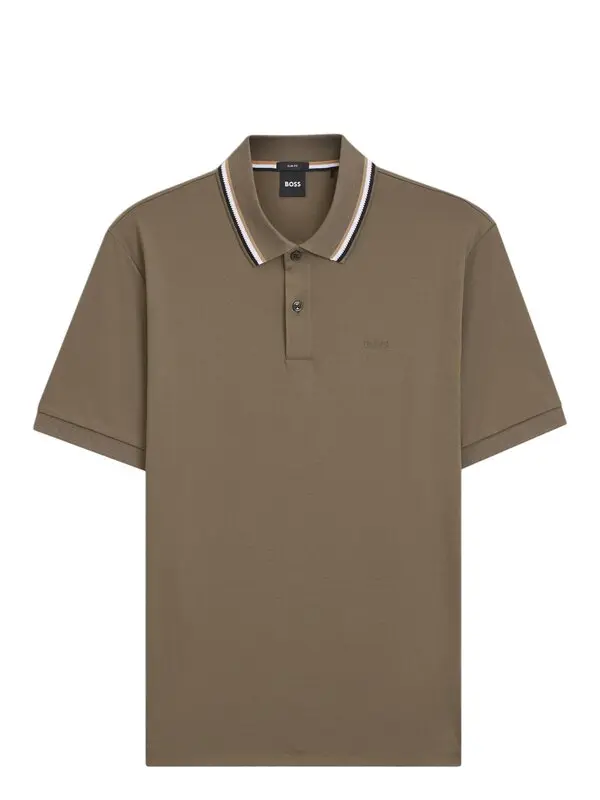 BOSS Striped-collar Slim-fit Polo Shirt In Cotton With Logo - Light Brown