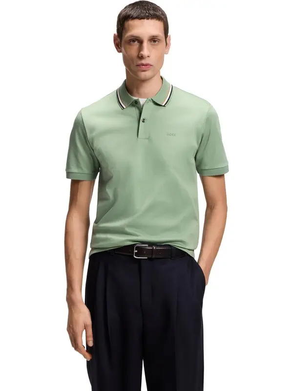 BOSS Striped-collar Slim-fit Polo Shirt In Cotton With Logo - Light Green