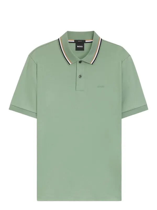 BOSS Striped-collar Slim-fit Polo Shirt In Cotton With Logo - Light Green