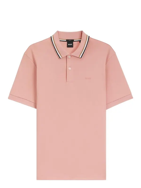 BOSS Striped-collar Slim-fit Polo Shirt In Cotton With Logo - Light Pink