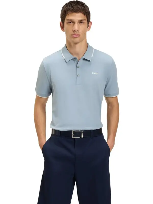 Hugo Stretch-cotton Slim-fit Polo Shirt With Printed Logo - Light Blue