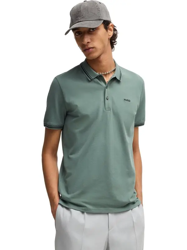 Hugo Stretch-cotton Slim-fit Polo Shirt With Printed Logo - Light Green