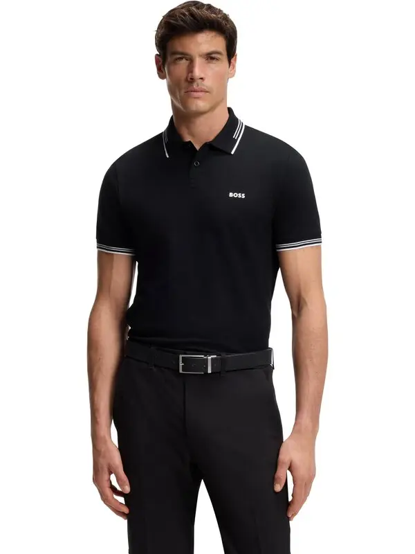 BOSS Stretch-cotton Slim-fit Polo Shirt With Branding And Stripes - Black