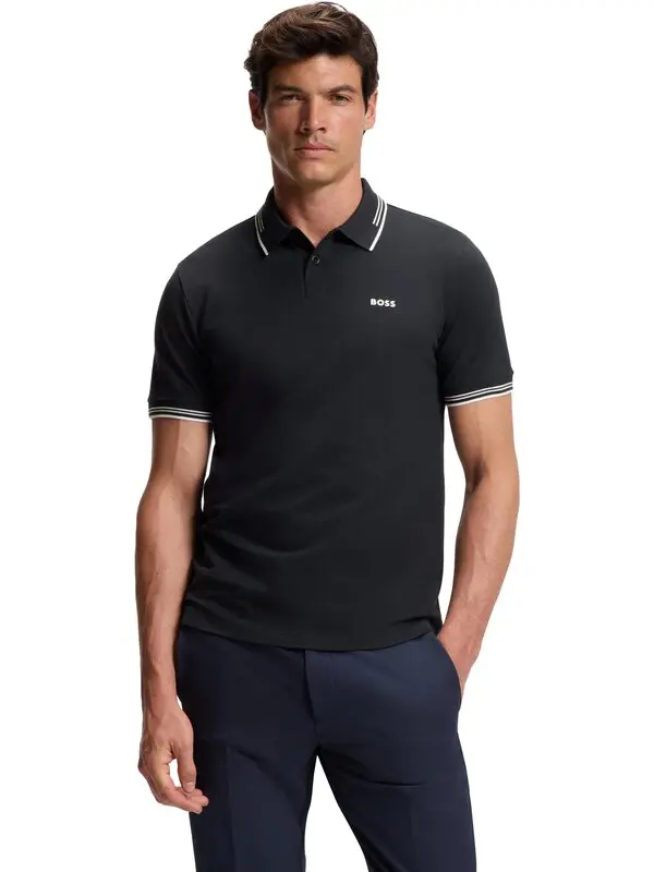 BOSS Stretch-cotton Slim-fit Polo Shirt With Branding And Stripes - Dark Blue