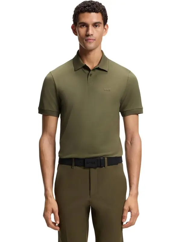 BOSS Stretch-cotton Slim-fit Polo Shirt With Branding And Stripes - Khaki