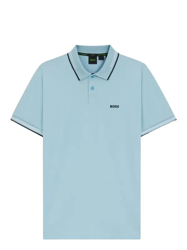 BOSS Stretch-cotton Slim-fit Polo Shirt With Branding And Stripes - Light Blue